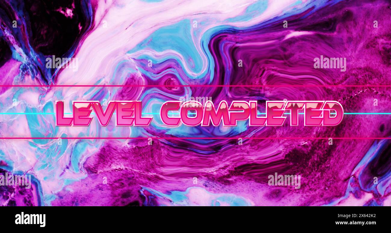 Image of level completed text in metallic pink over pink and blue ...