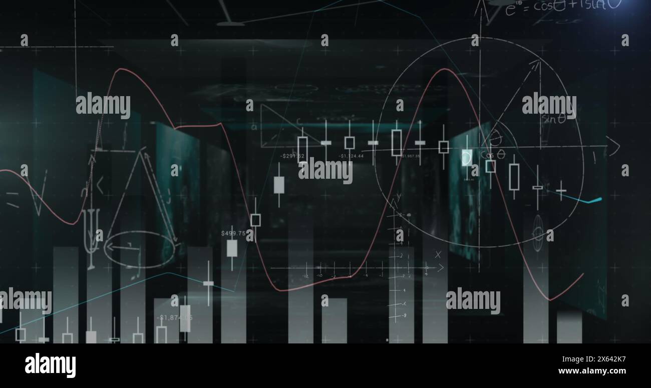 Image of mathematical equations and bar graphs against screens with data processing Stock Photo ...