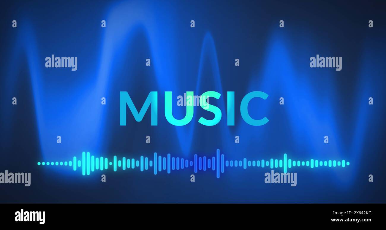 Image of music text and frequency meter over blue soundwaves on black ...