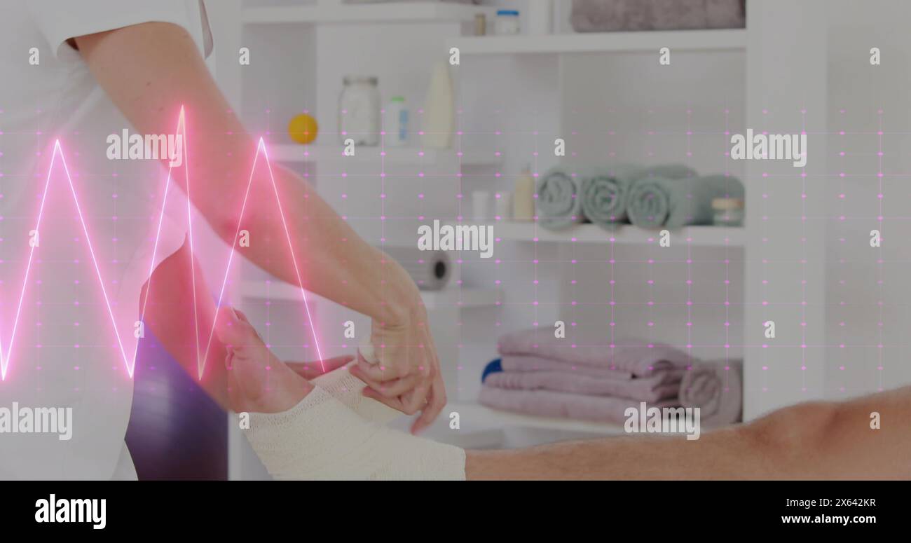 Image of heart rate monitor over caucasian female physiotherapist ...