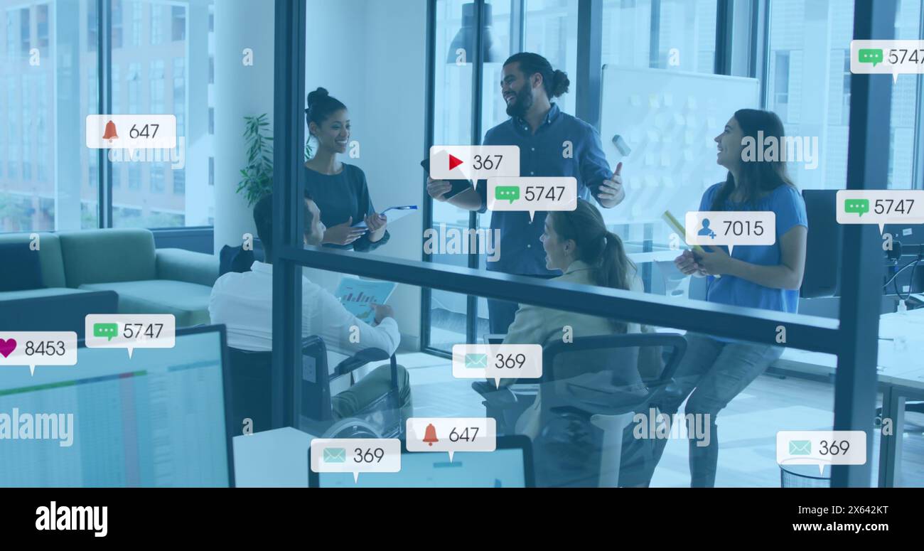 Image of notification bars over diverse coworkers sharing ideas in ...
