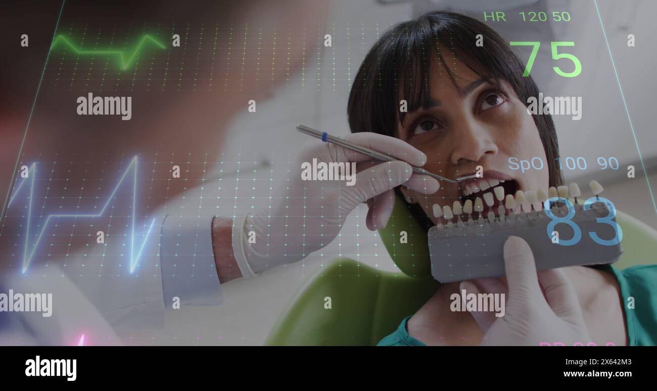 Image of heart rate monitor over male dentist examining teeth of ...