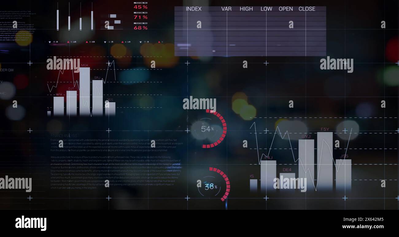 Image of various colorful graphs and charts are displaying financial ...