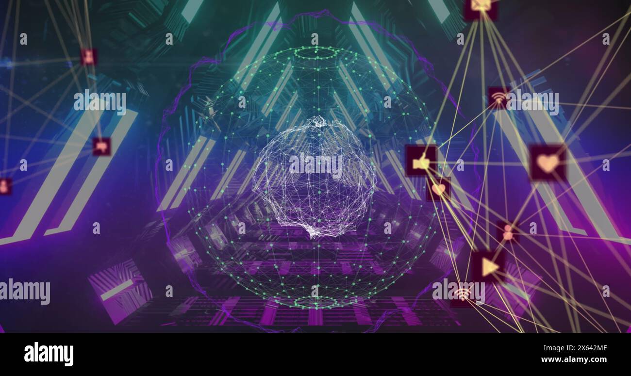 Image of connected icons and dots forming globes over triangular tunnel ...