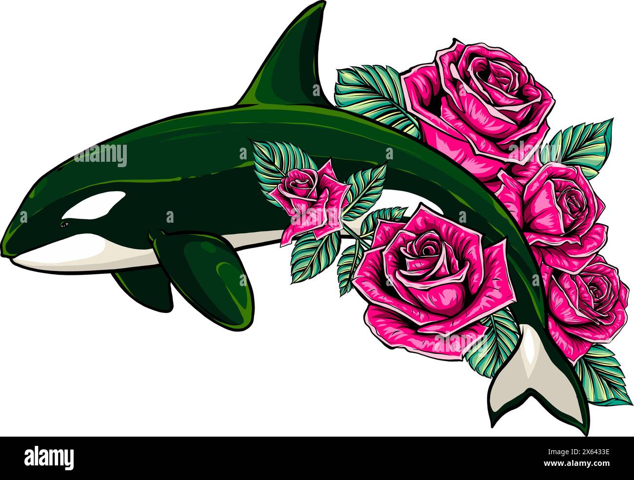 vector illustration of Killer whale with flower on white background ...
