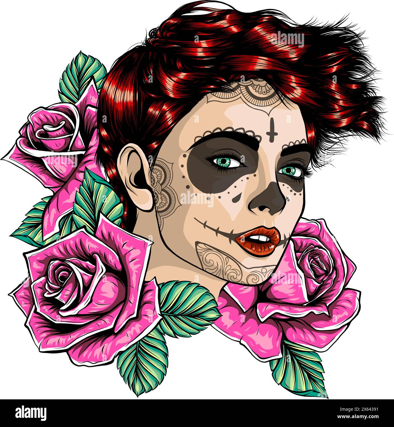 Hand drawing sugarskull girl with rose on white background Stock Vector ...
