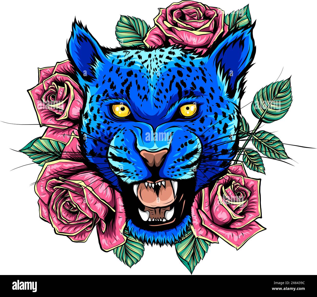 vector illustration of head leopard with rose on white background ...