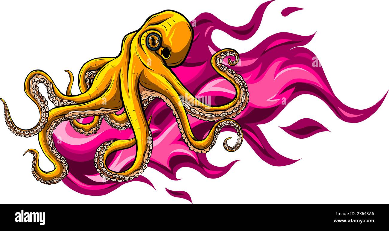 vector illustration of octopus with wave on white background Stock ...