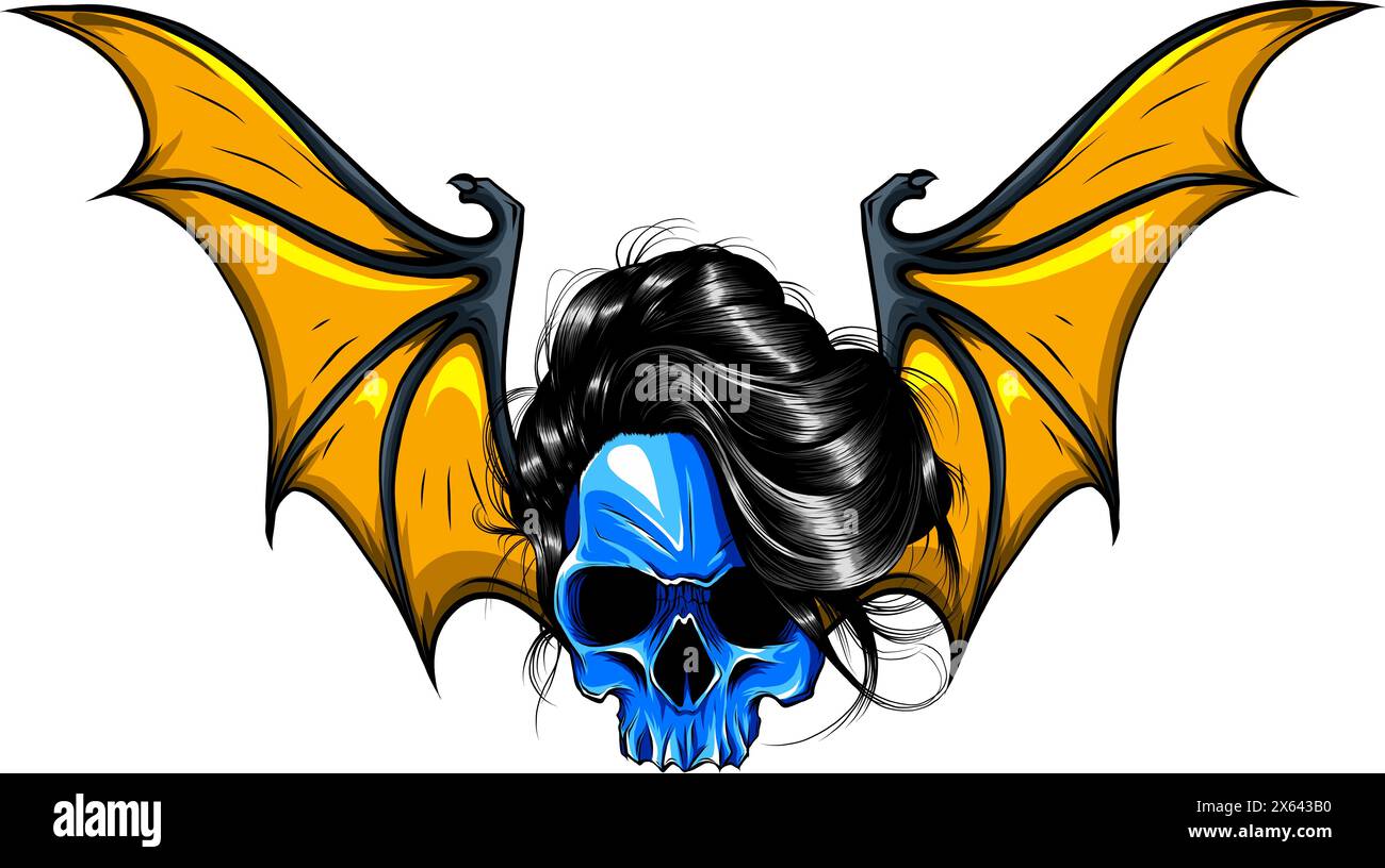vector illustration of skull and bat wing on white background. digital ...