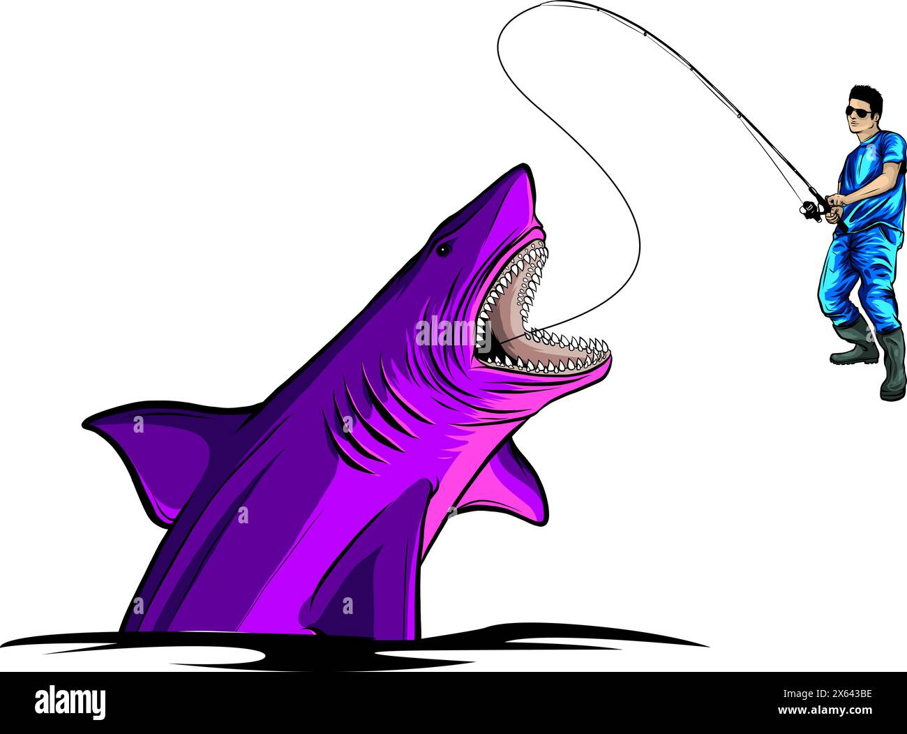 vector illustration of Fishing on sharks, fisherman pulls a big fish ...