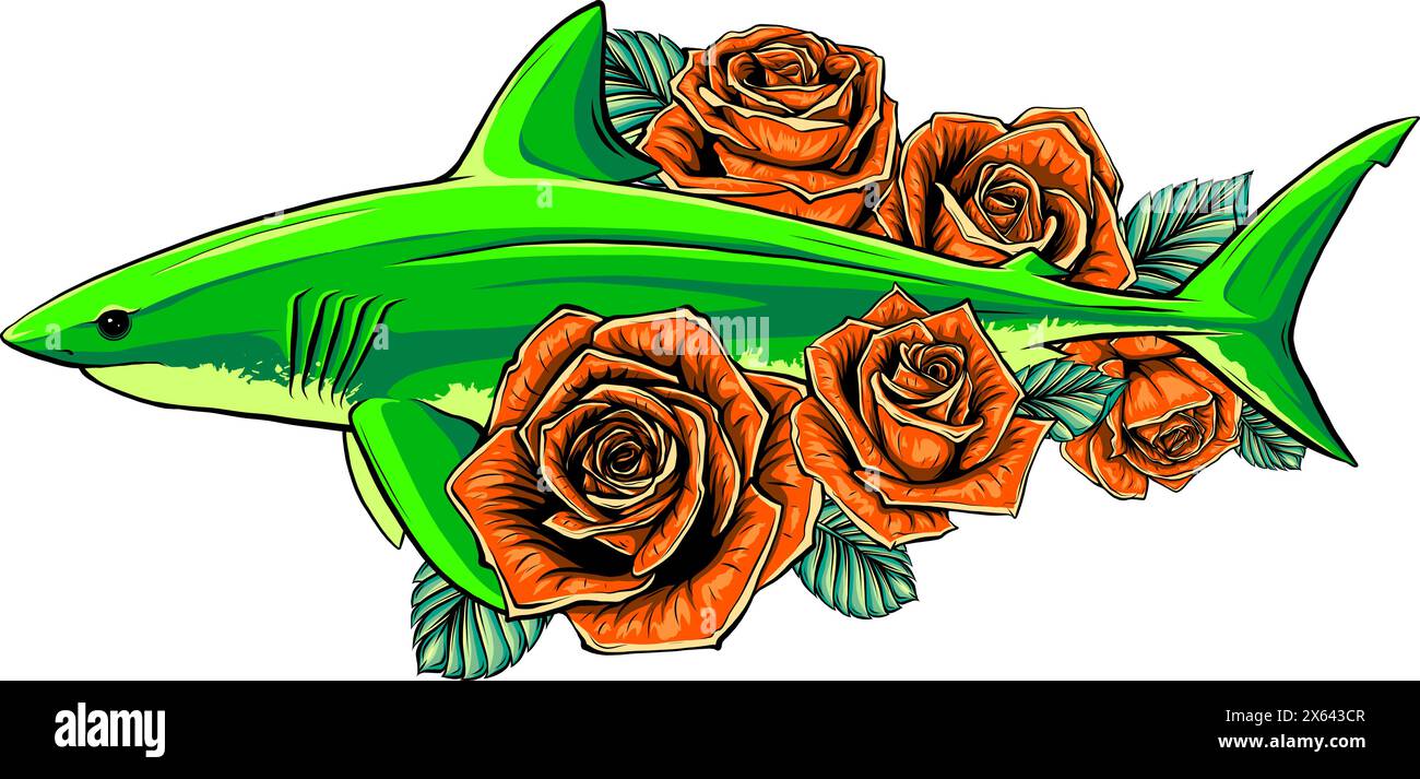 Hand drawn illustration with shark, peonies, flowers Stock Vector Image ...