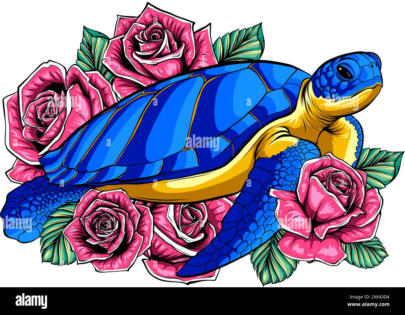 vector illustration of turtle with roses on white background Stock ...
