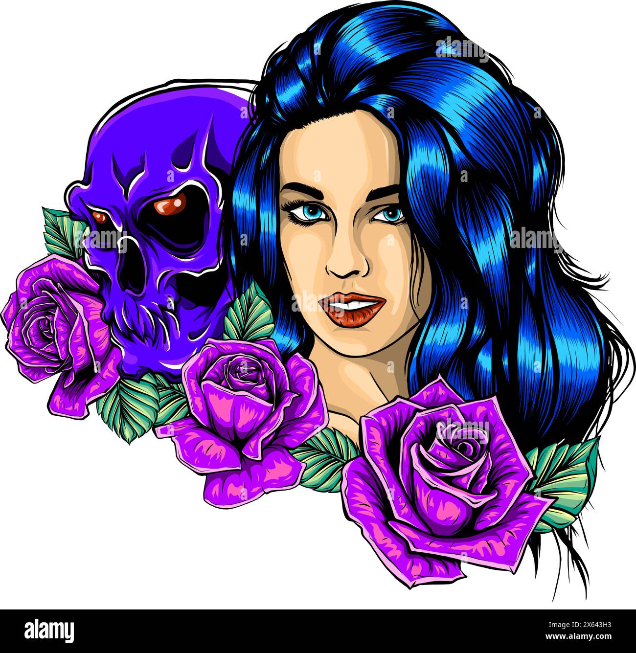 vector Skull with beautiful flower roses in vintage style isolated ...