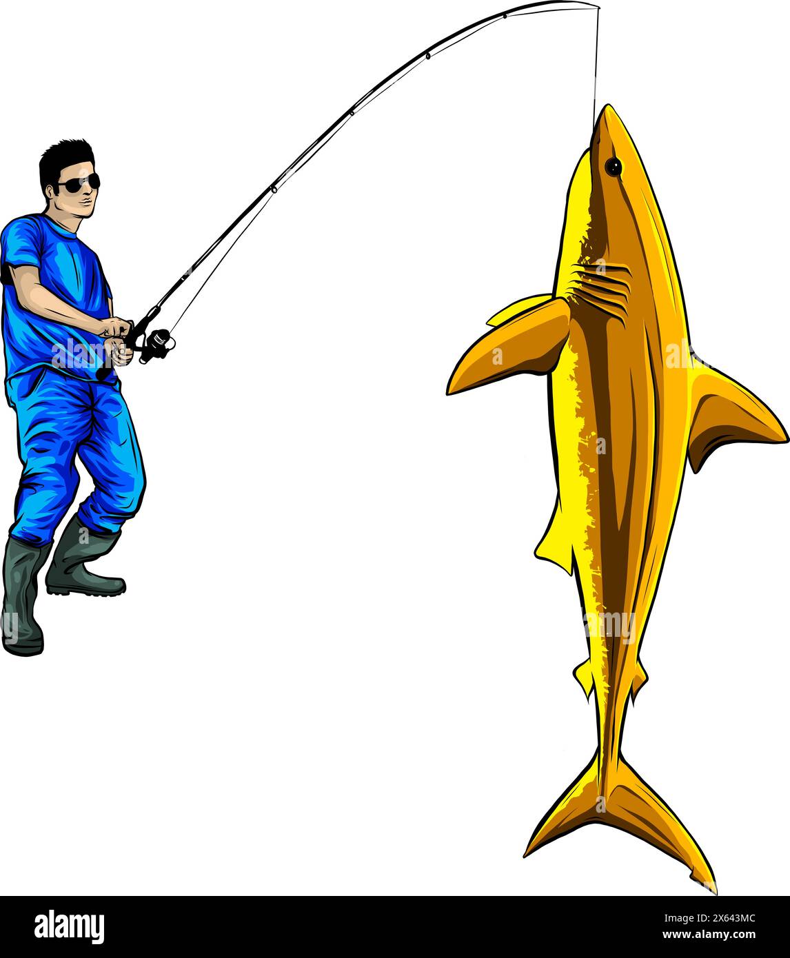 vector illustration of Fishing on sharks, fisherman pulls a big fish ...