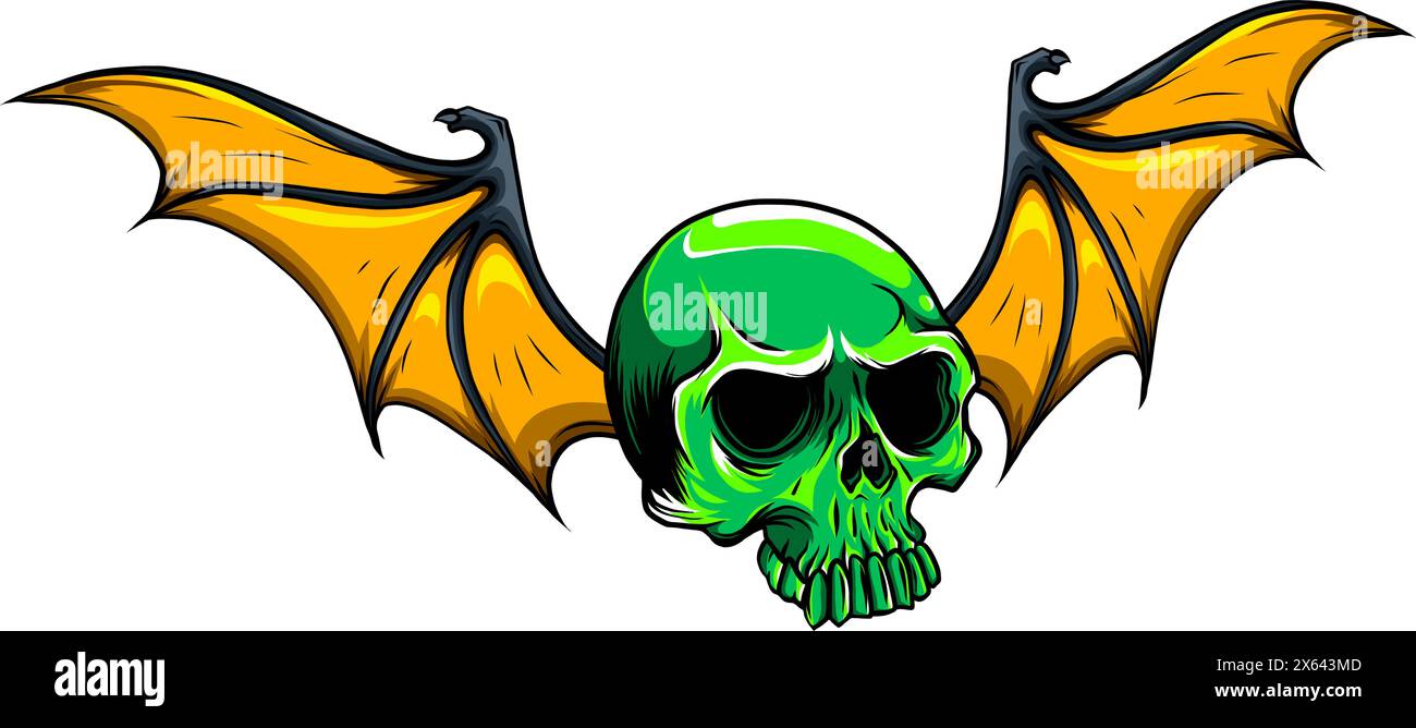 vector illustration of skull and bat wing on white background. digital ...