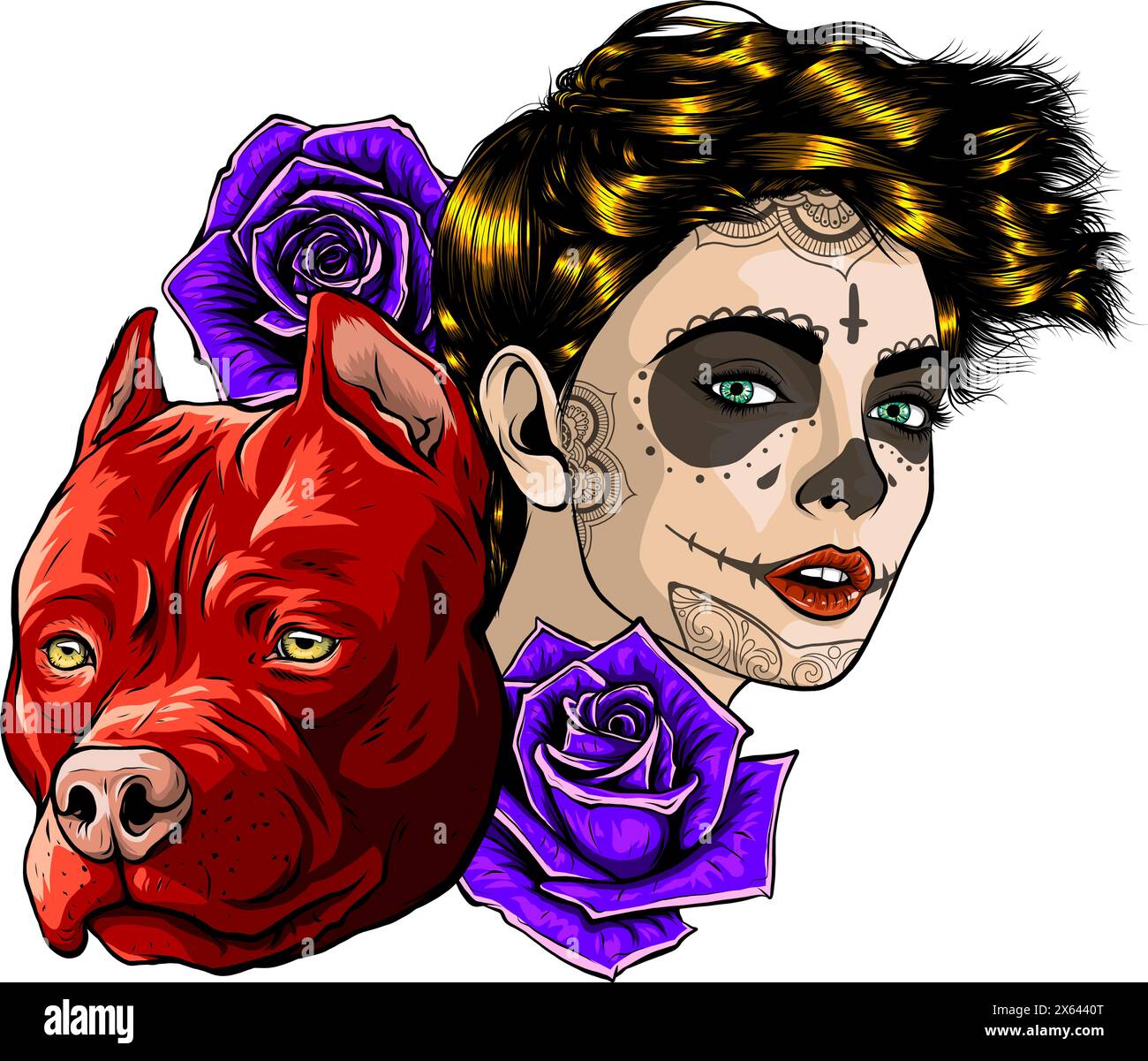 vector illustration of sugar Skull with dog and rose on white ...
