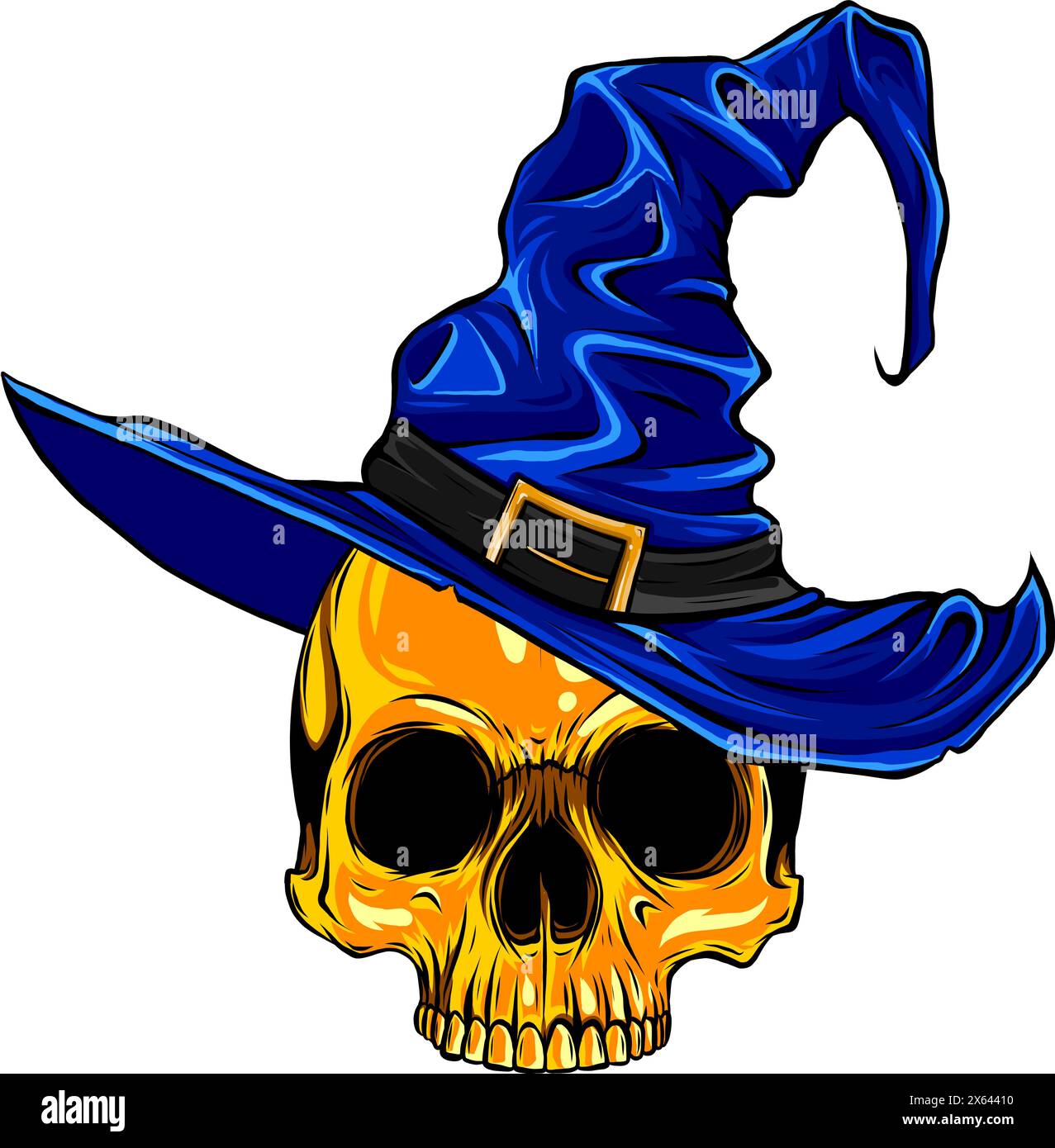 Hand Drawn Halloween Skull with Witch Hat on white background Stock ...