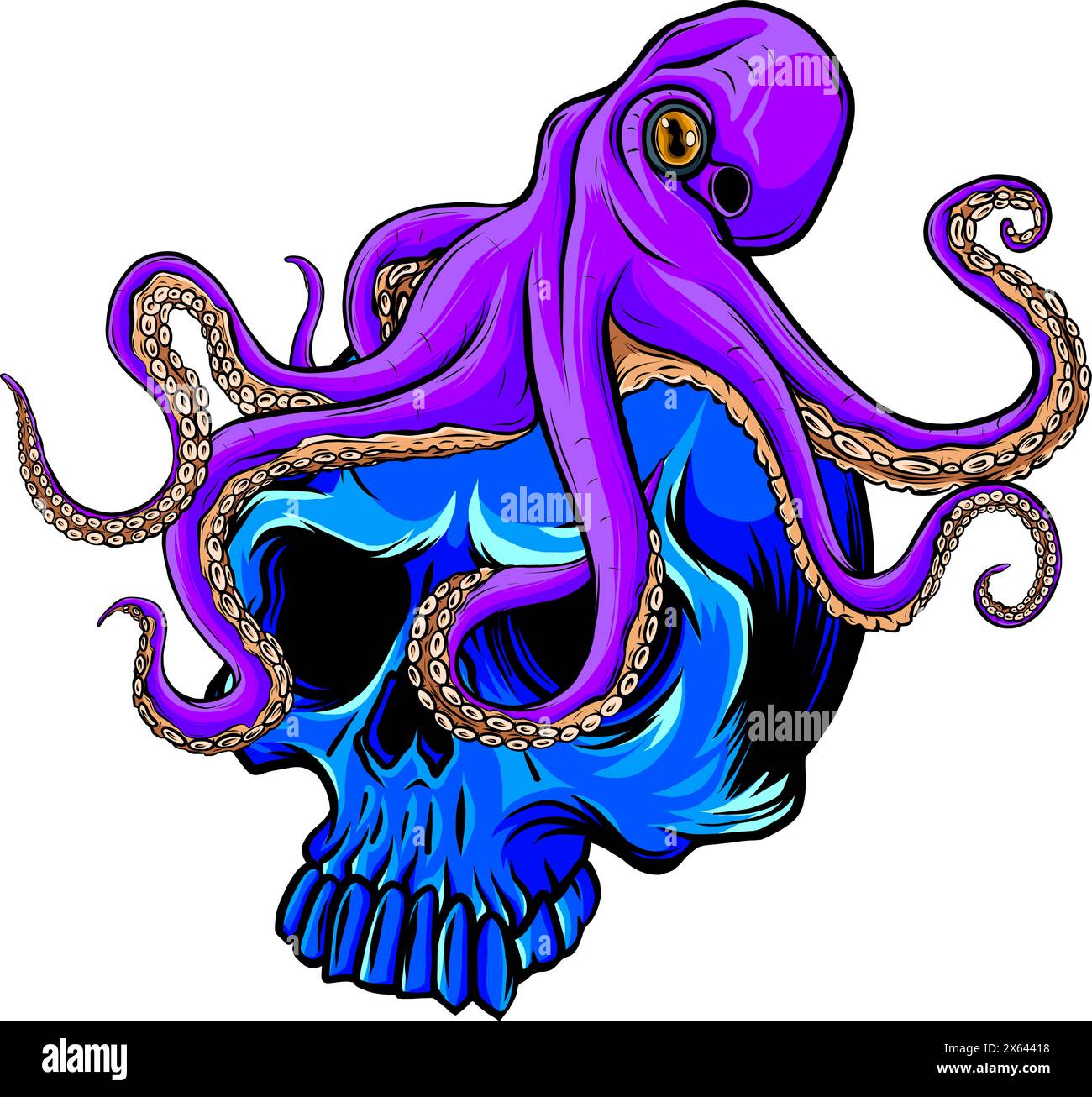 Octopus in human skull color vector illustration on white background ...