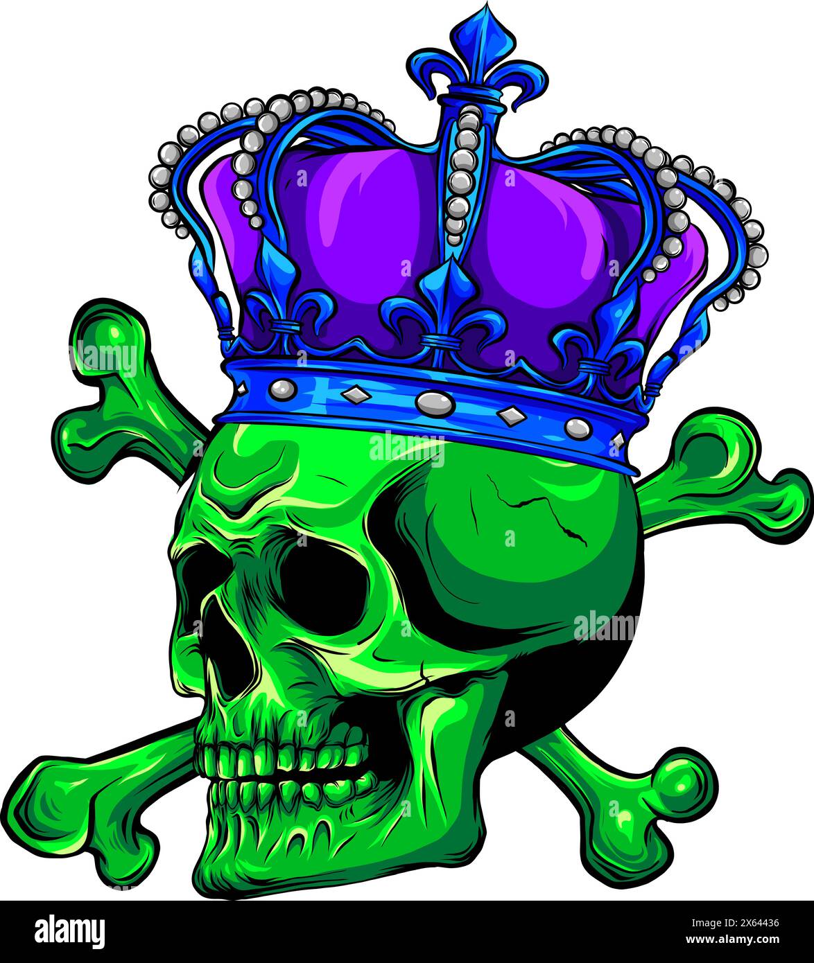 Hand drawn skull with crown and crossed bones in cartoon vintage style ...