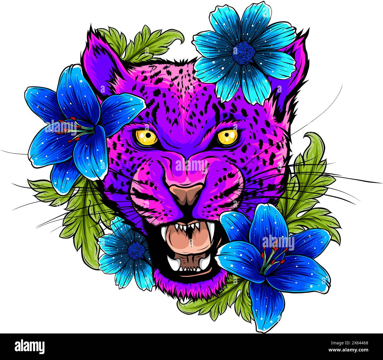 Leopard jaguar with flowers. Jaguar face with flowers, color tattoo ...