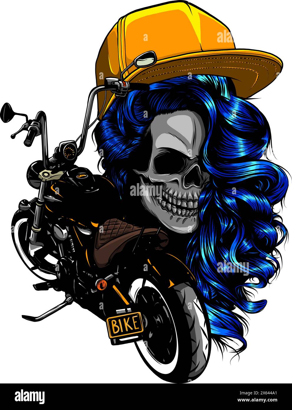 chopper skull biker with retro helmet and custom bike vector ...