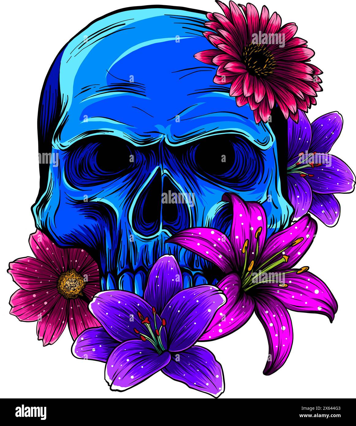 vector illustration of red Skull with beautiful flower roses in vintage ...