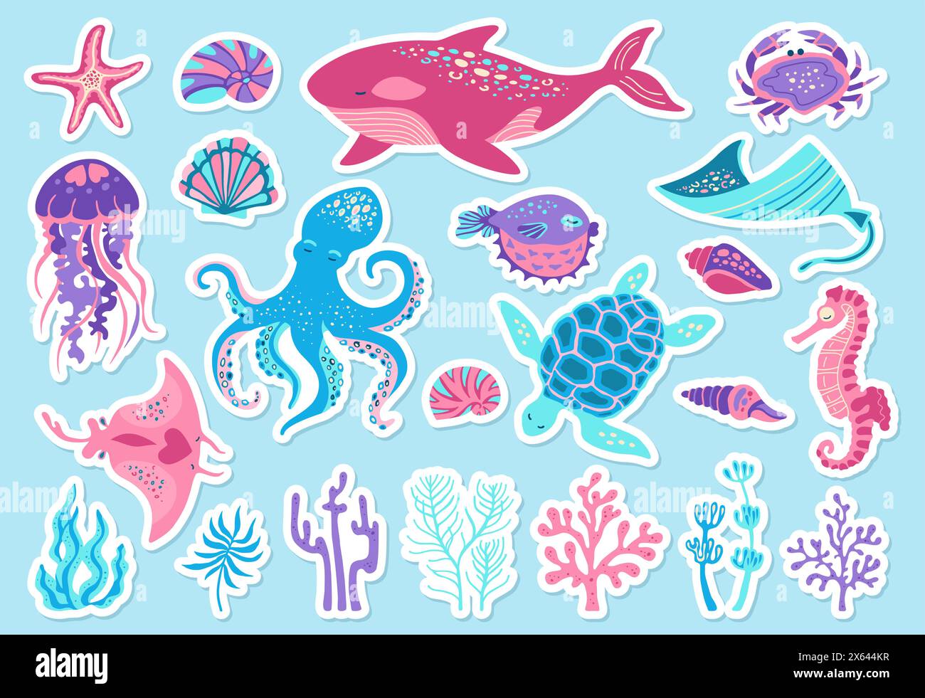 Ocean sea animals cartoon sticker style set. Marine funny comic flat ...