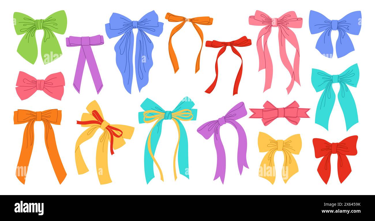 Ribbon bows hand drawn set. Trendy elegant tape icons for celebrations ...