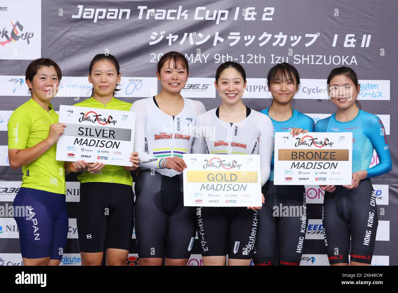 Izu Velodrome, Shizuoka, Japan. 12th May, 2024. (L to R) Mizuki Ikeda, ZHOU Menghan, Maho Kakita ...