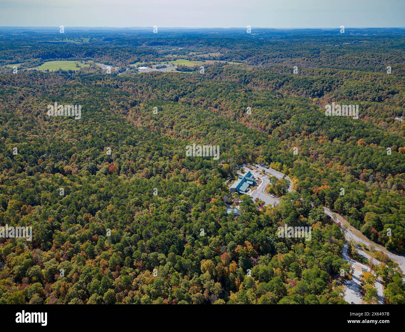 Aerial view of the Visitor Center of Hobbs State Park-Conservation Area ...