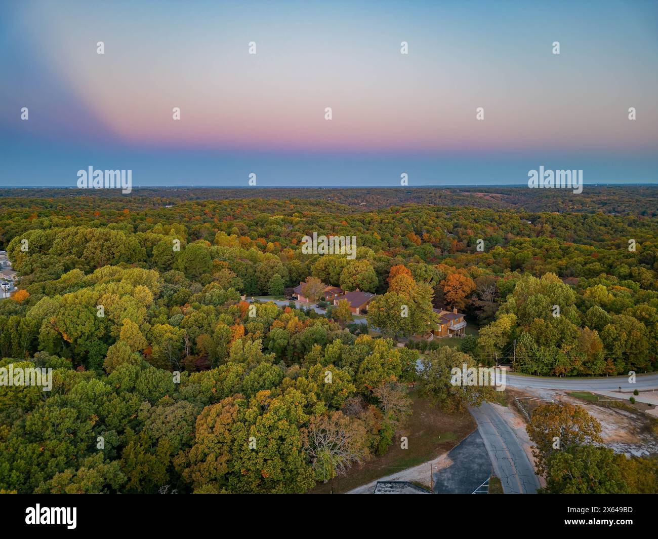 Sunrise aerial view of the Hobbs State Park-Conservation Area landscape ...