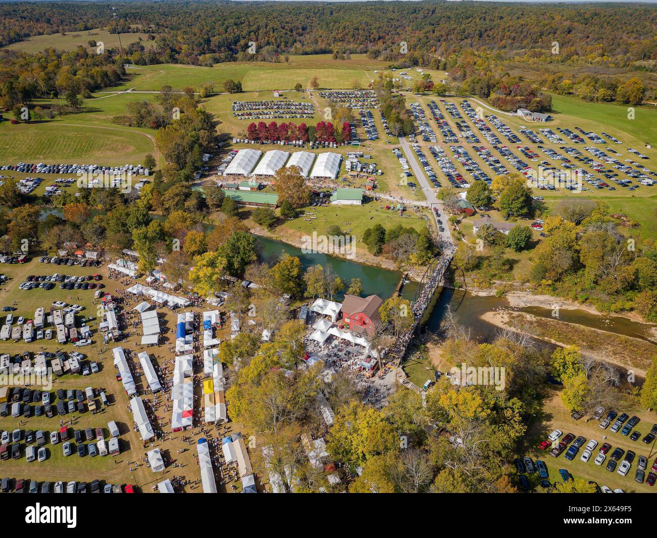 Aerial view of the War Eagle Fair and parking lot at Arkansas Stock ...