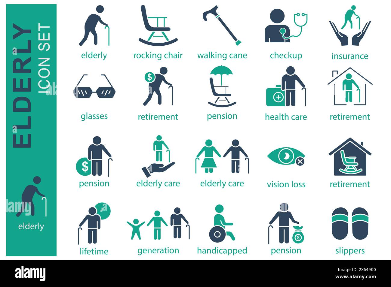elderly icon set. elderly care, pension, vision loss and more. solid icon style. old age element ...