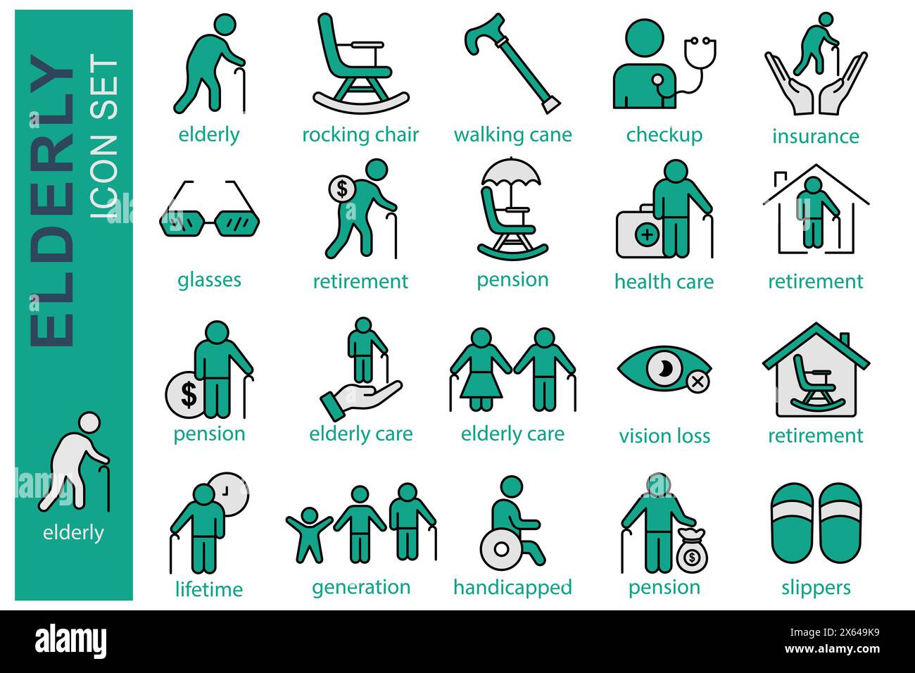 elderly icon set. elderly care, pension, vision loss and more. flat line icon style. old age ...