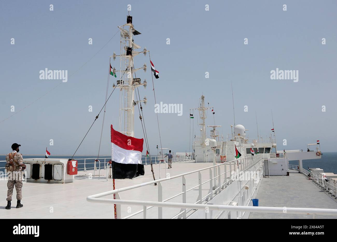 Hodeidah. 12th May, 2024. A Houthi group member stands on the deck of ...