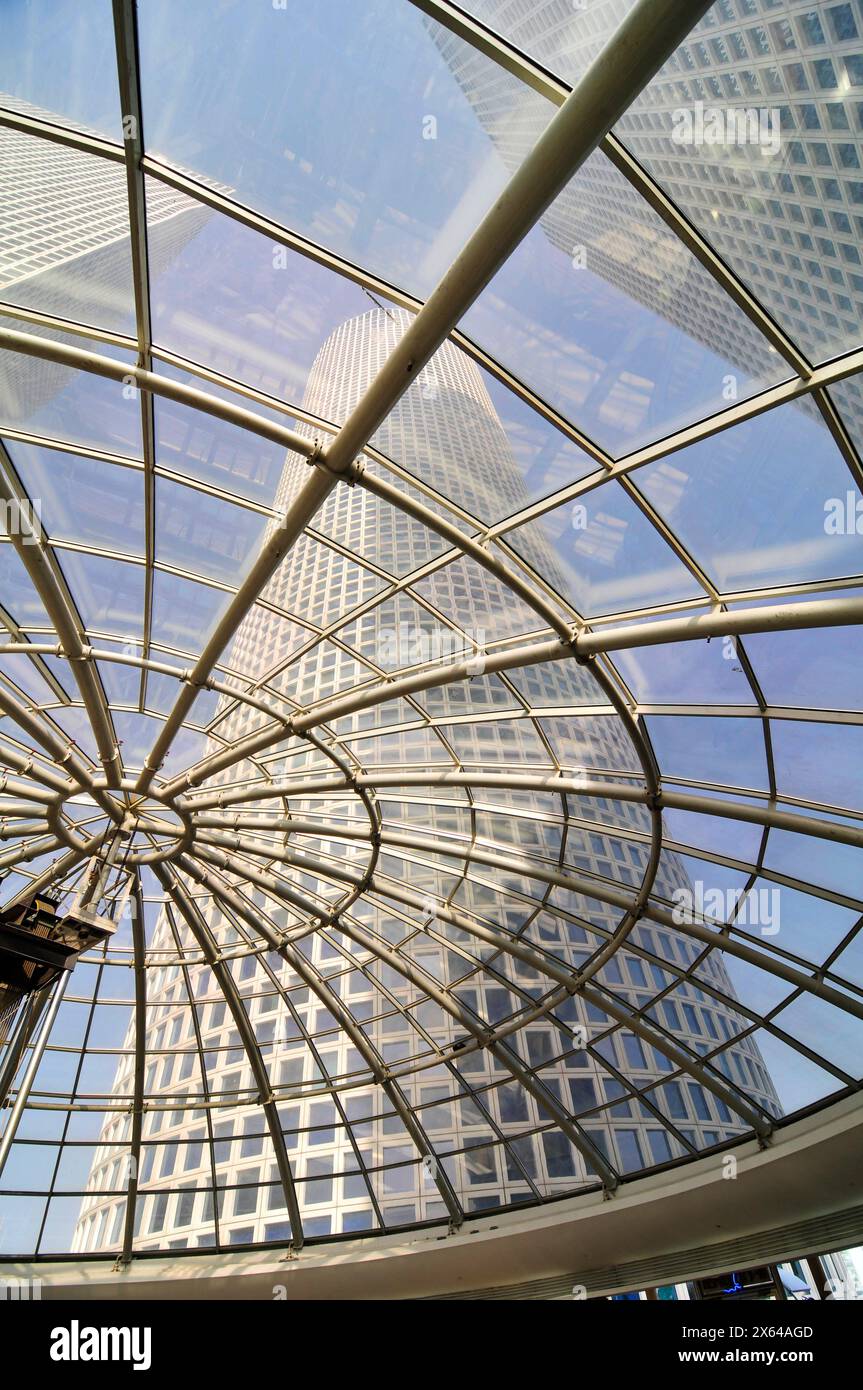 Looking up at the Azrieli towers from the Azrieli Mall in Tel-Aviv ...