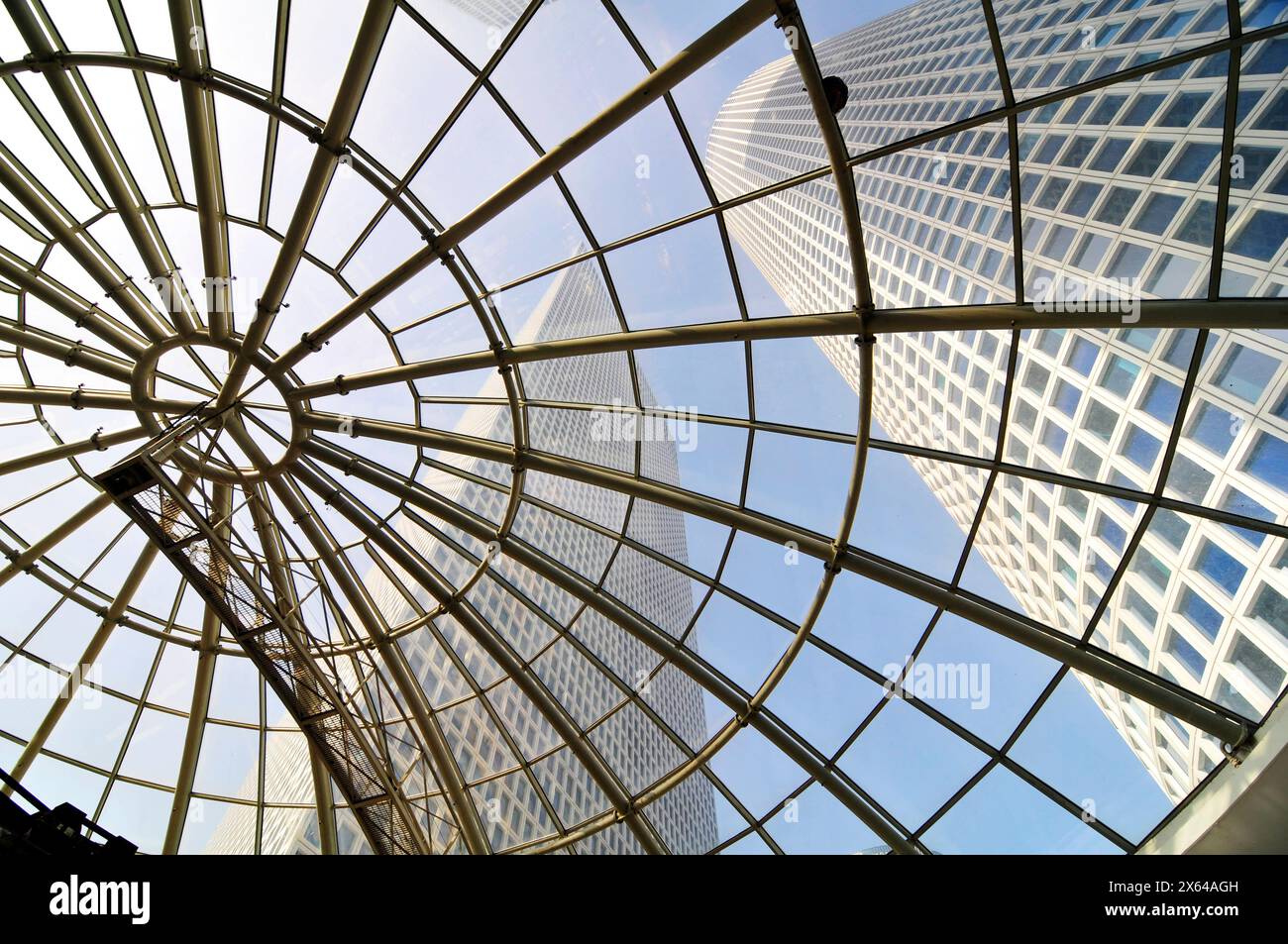 Looking up at the Azrieli towers from the Azrieli Mall in Tel-Aviv ...