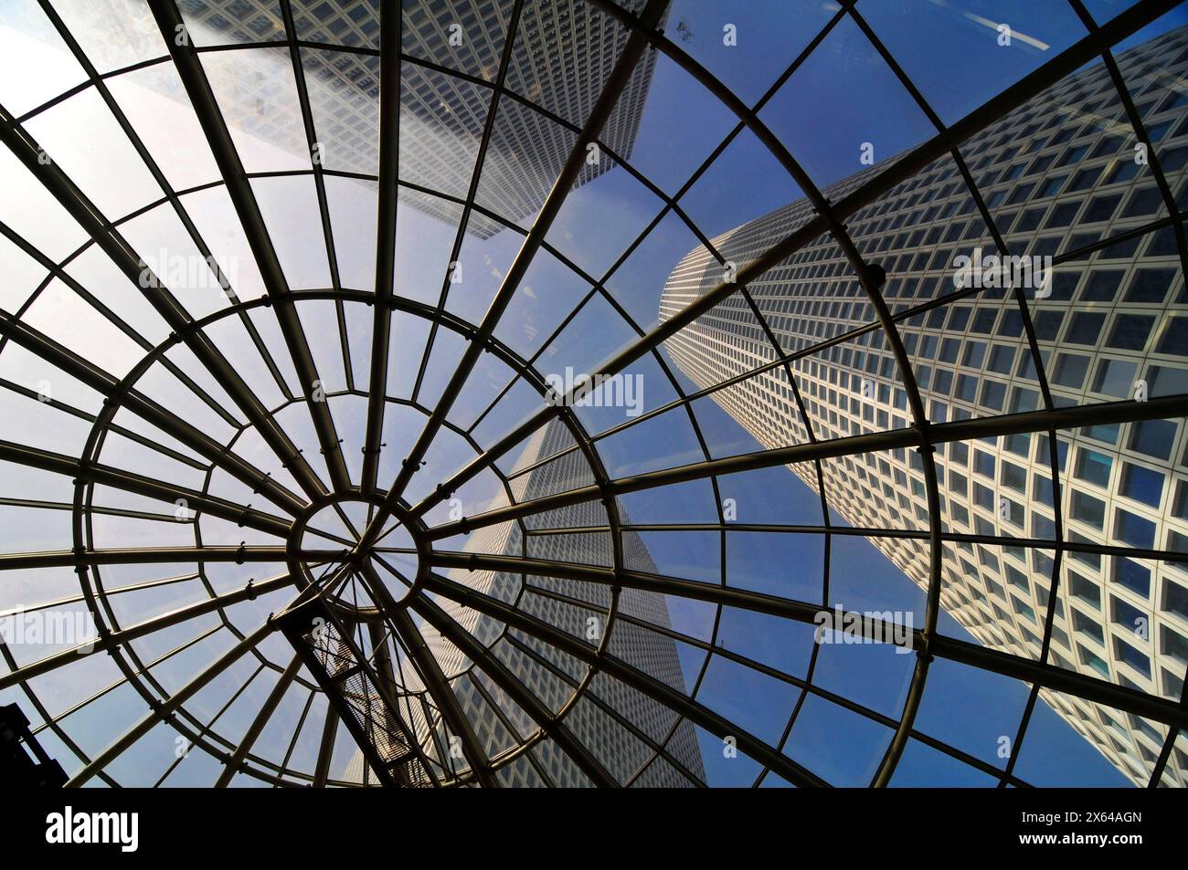 Looking up at the Azrieli towers from the Azrieli Mall in Tel-Aviv ...