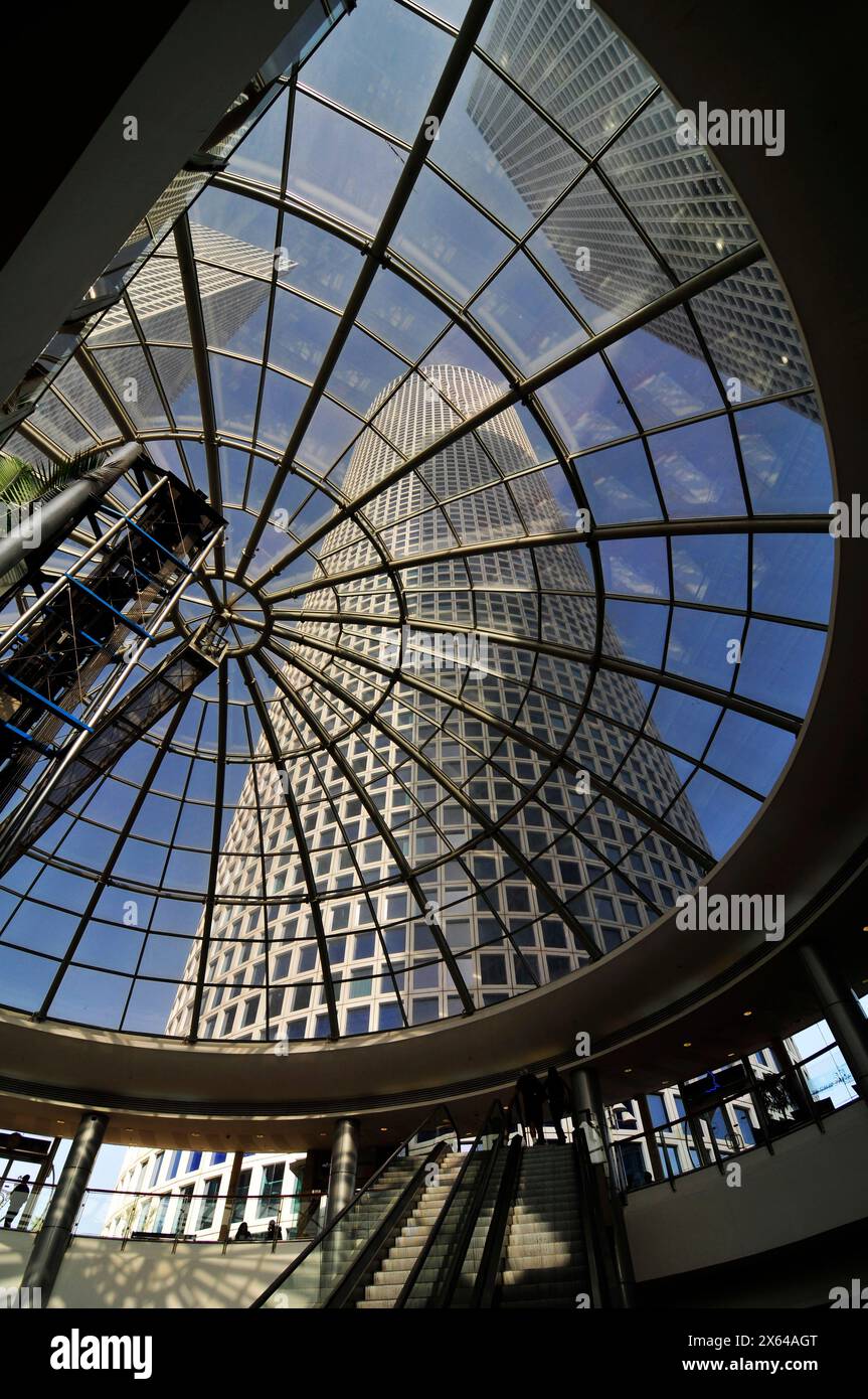 Looking up at the Azrieli towers from the Azrieli Mall in Tel-Aviv ...