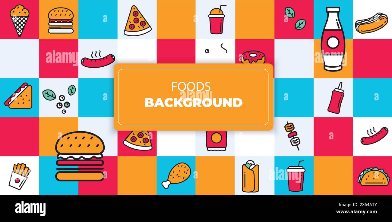 Geometric mosaic food banner. foods and drink pattern, simple ...