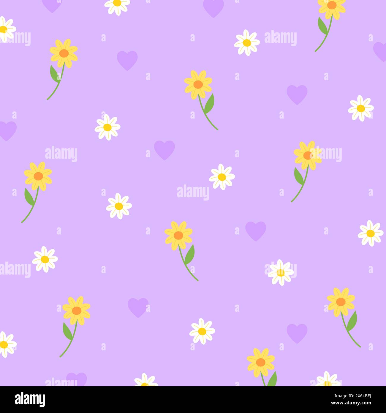 Illustration of daisy flowers, sunflowers, heart on a pastel purple ...