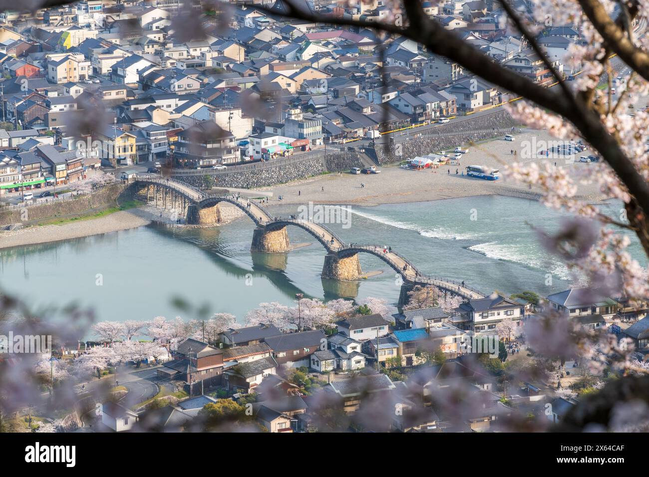 View of the Kintai Bridge and Kikko Park from above. Cherry blossoms ...
