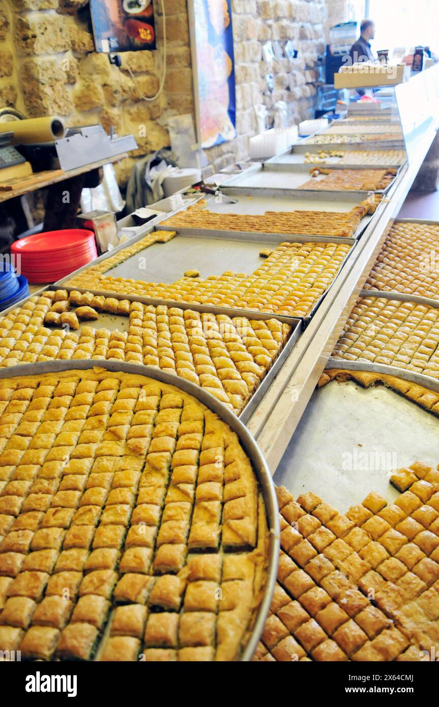 Traditional Middle Eastern pastry desserts in a local sweets shop in ...