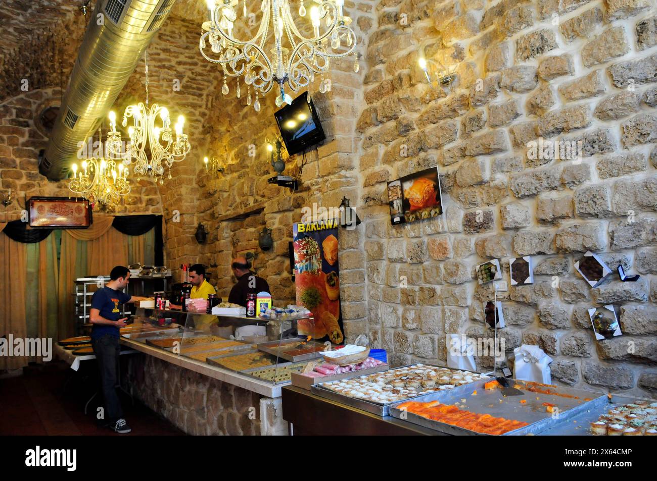 Traditional Middle Eastern pastry desserts in a local sweets shop in ...
