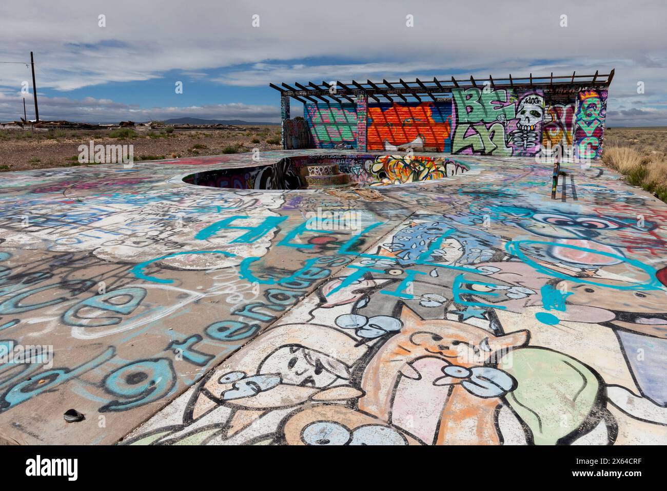 Graffiti filled pool at the Two Guns campground in Arizona. Two Guns is ...