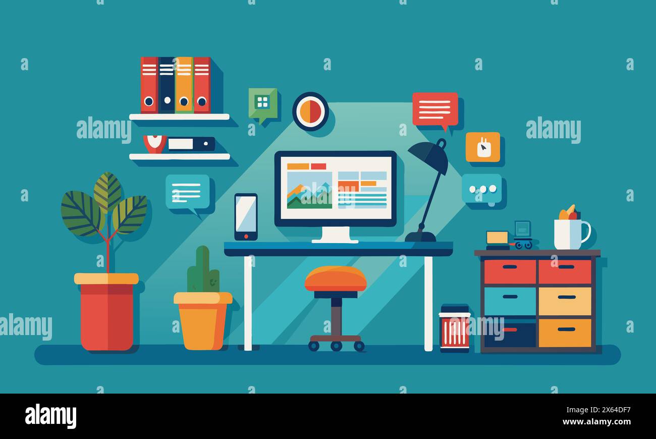 flat vector work from home workplace concept and business smart working ...