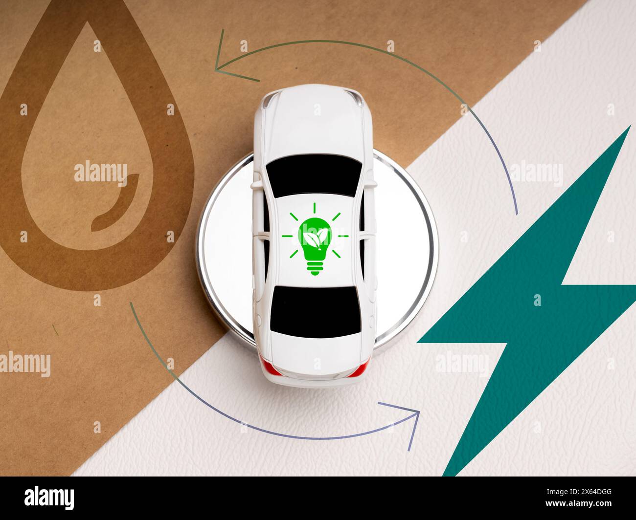 Hybrid car, renewable energy, save the earth concept. Green light bulb ...