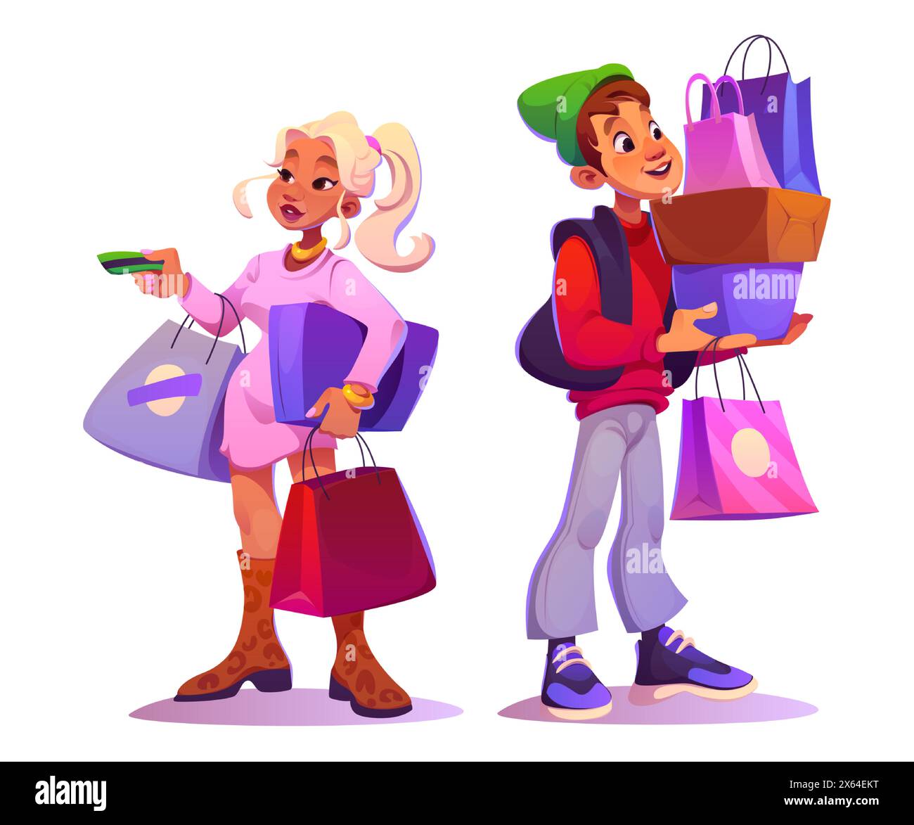 Male and female mall buyer characters with shopping bags and boxes ...