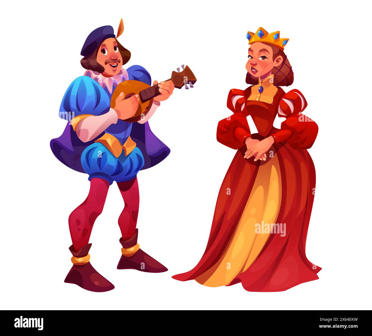 Queen and court musician characters set isolated on white background ...