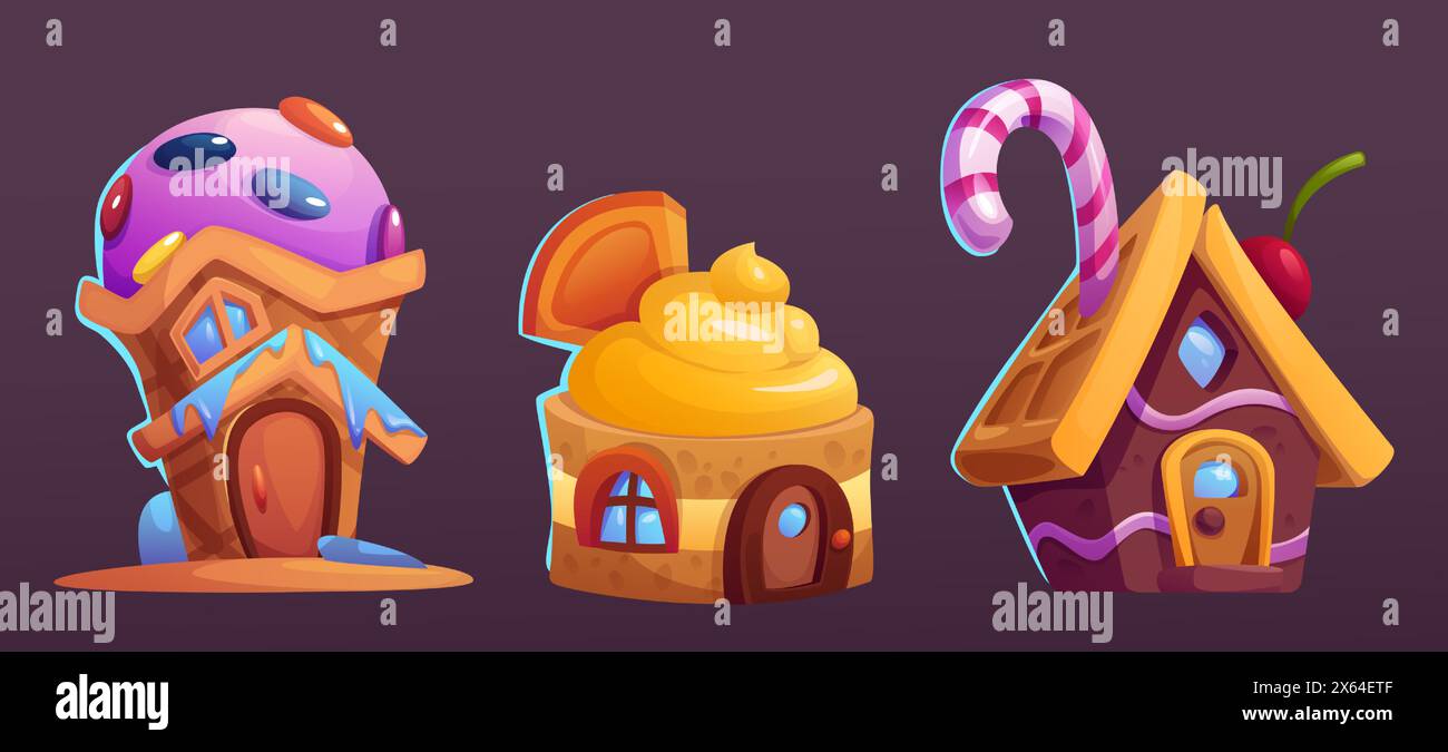 Candy land house. Fantasy chocolate sweet vector set. Confectionery and ...